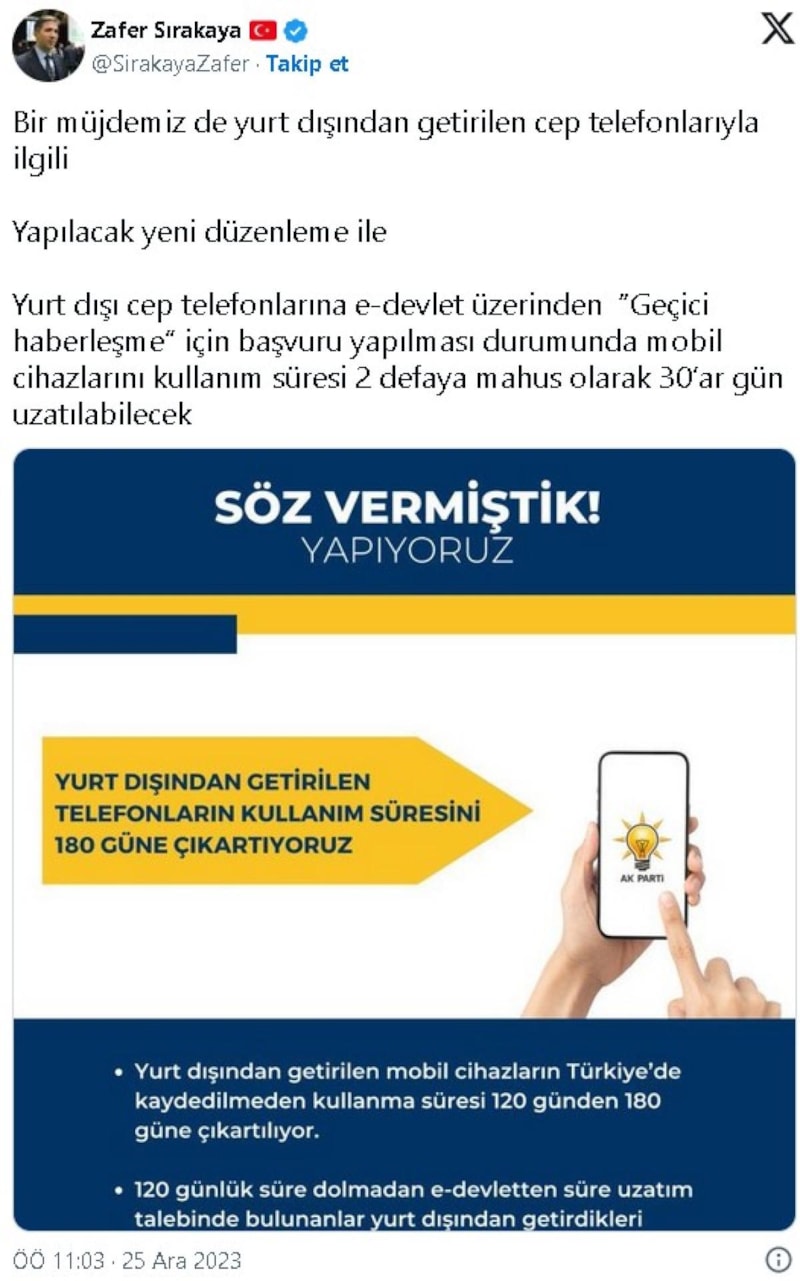 Yurt dışından getirilen telefonların kullanım süresi 180 güne ...